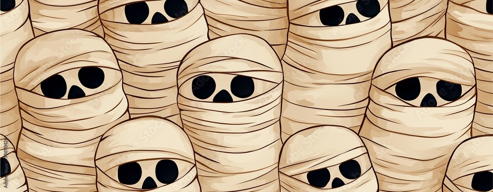 Pattern of cartoon mummies wrapped in bandages with dark hollow eyes ...