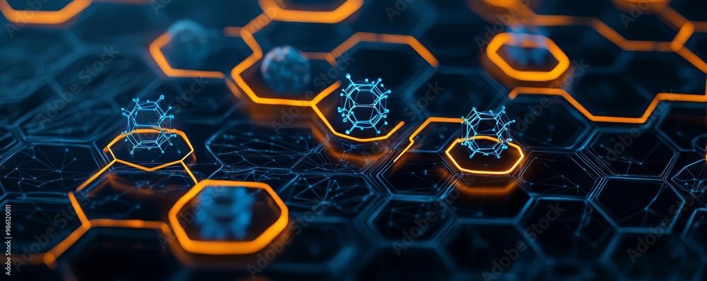 Metabolic networks visualized as neon pathways across a dark digital ...