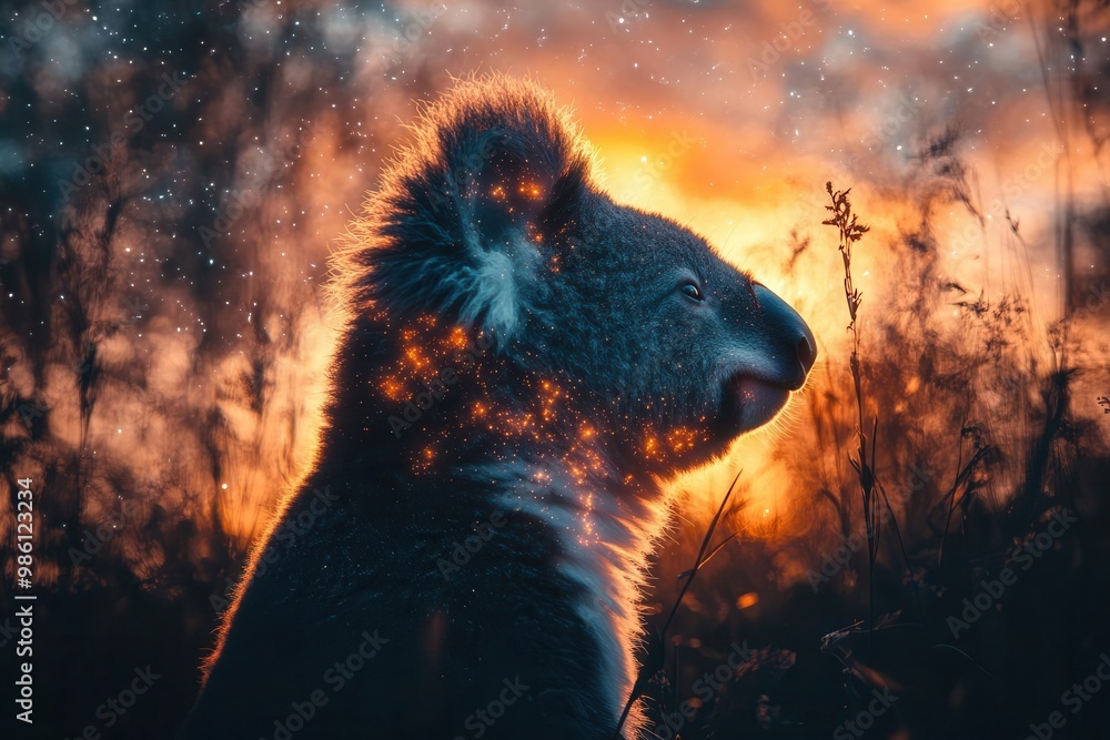 surreal double exposure portrait merging koala silhouette with cosmic ...