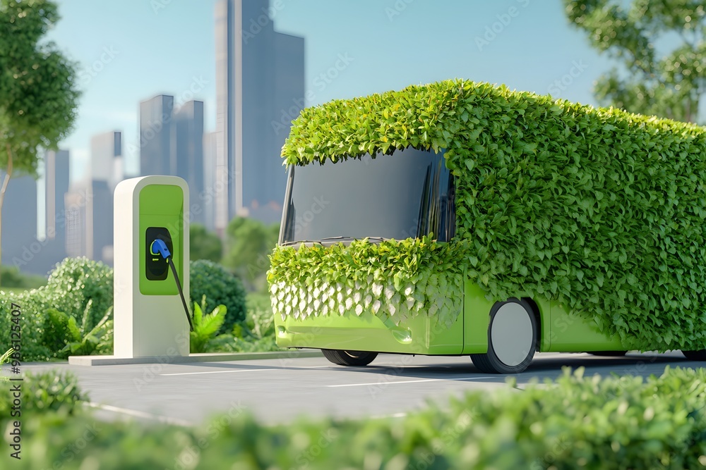 green bus covered in plants is charging at an electric vehicle charging ...