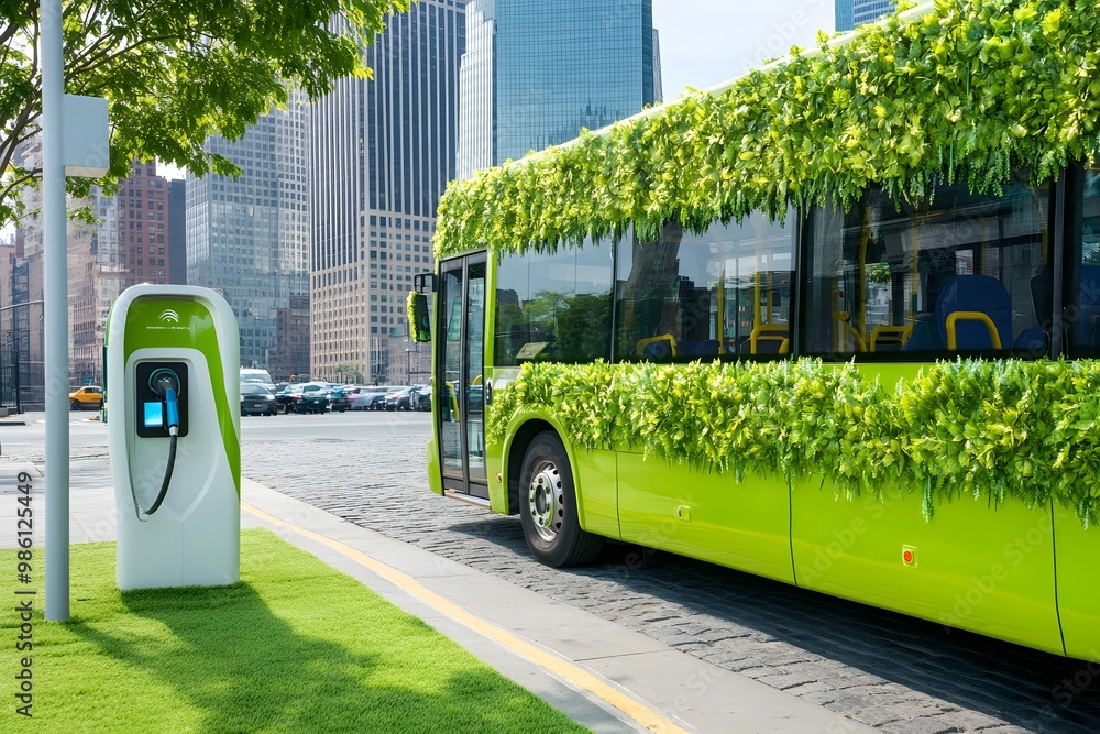 green bus covered in plants is charging at an electric vehicle charging ...