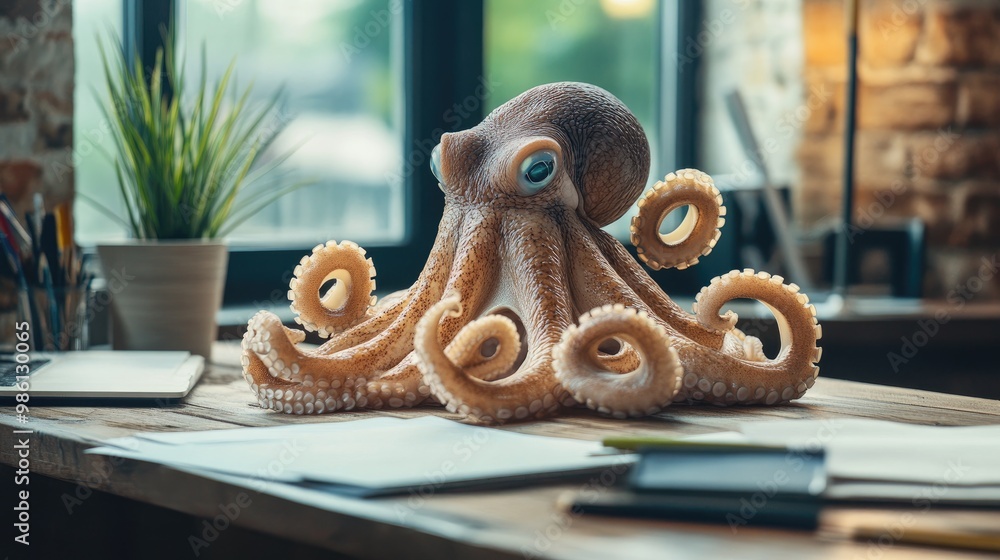 A busy octopus handling different tasks at a desk, symbolizing work ...