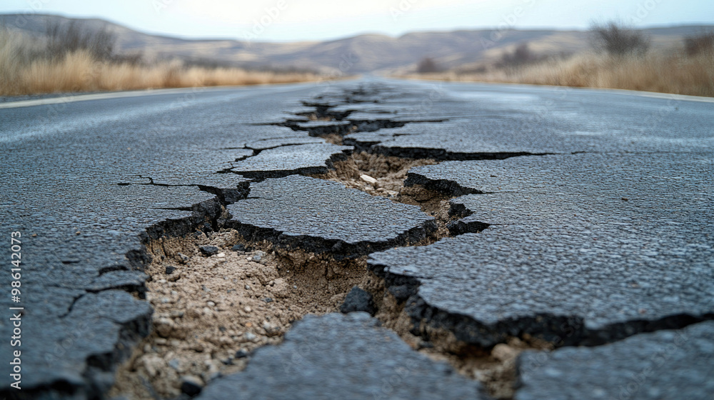 A close-up of a cracked and broken road after an earthquake, with deep ...