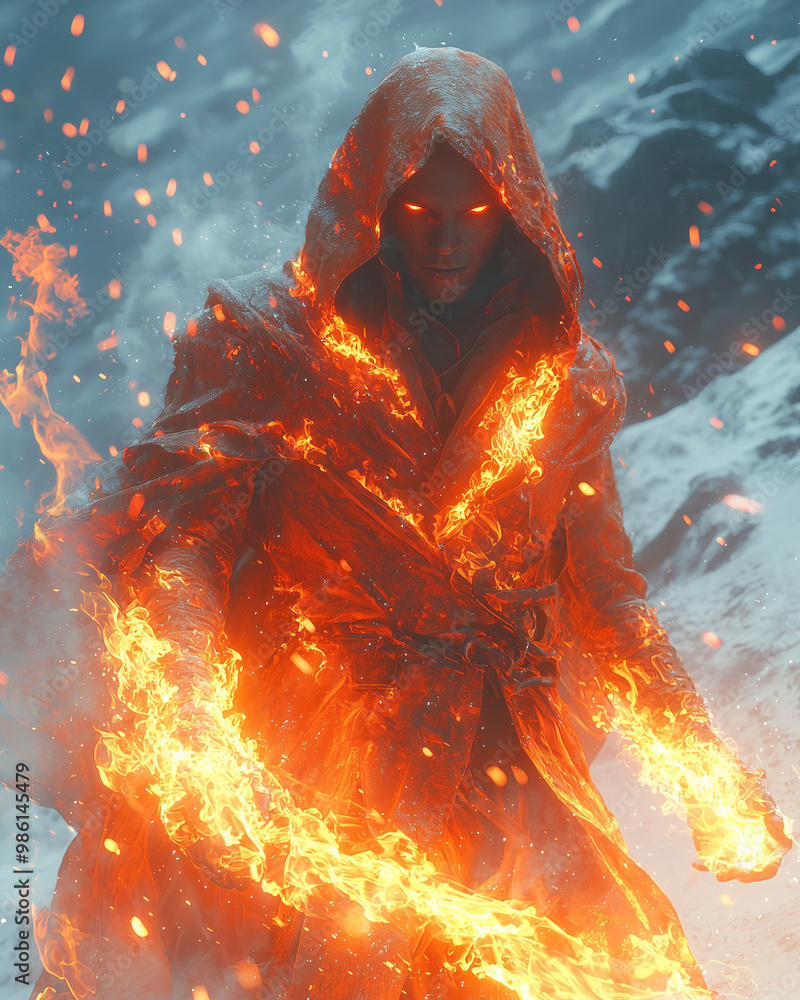 ภาพประกอบสต็อก fire genasi warrior unleashing fiery wrath in the frozen ...