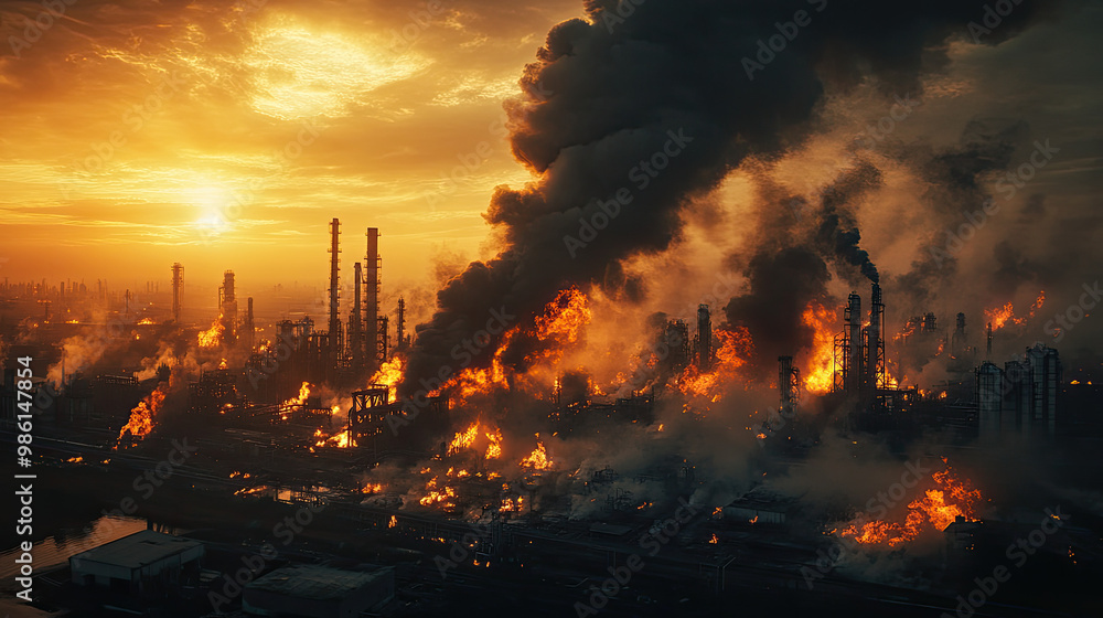 An industrial area engulfed in flames after a chemical plant explosion ...