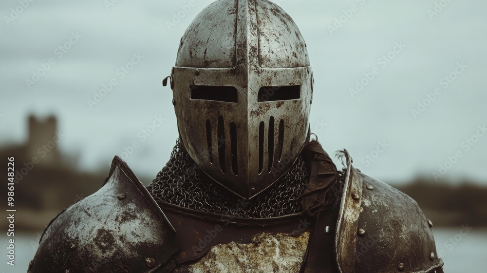 Man in Medieval Knight's Armor with Heavy Iron Helmet. A Timeless ...