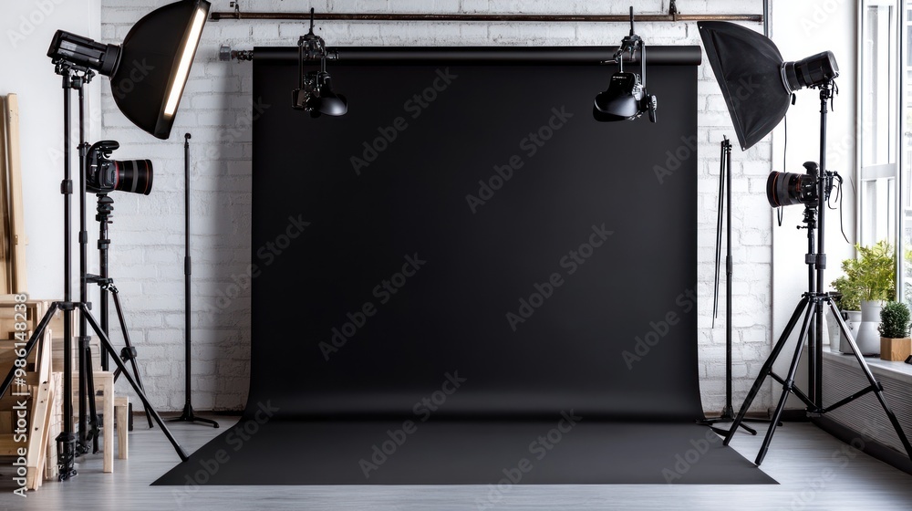 Professional photography studio setup with black backdrop and two ...