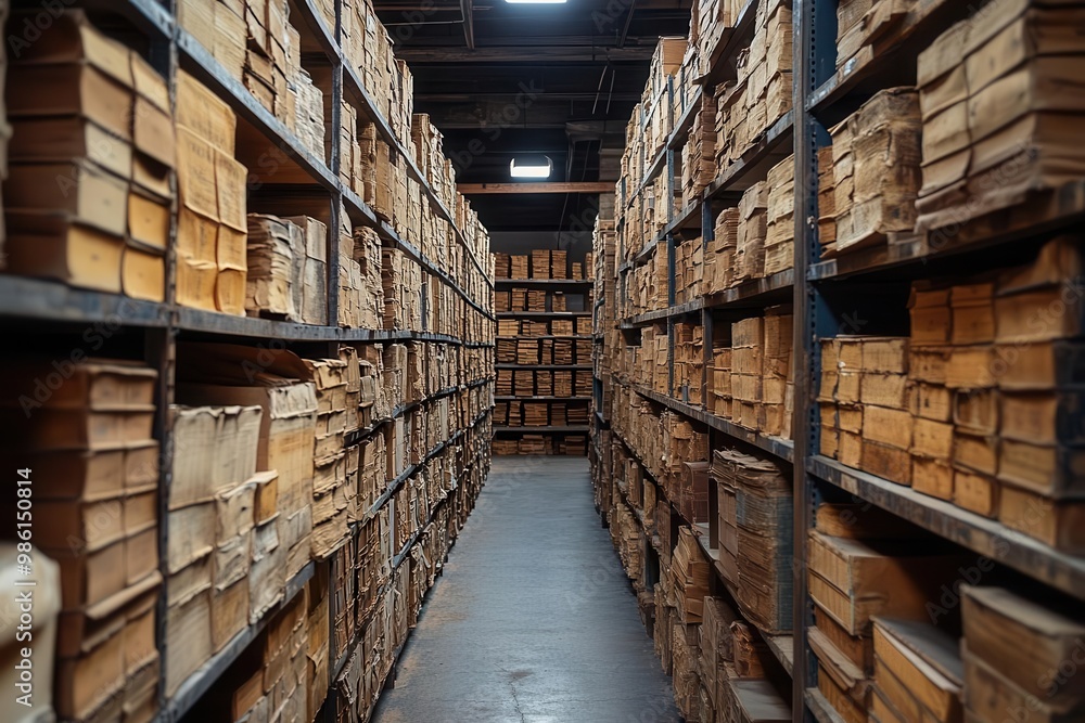 vast warehouse filled with towering shelves of paper documents ...