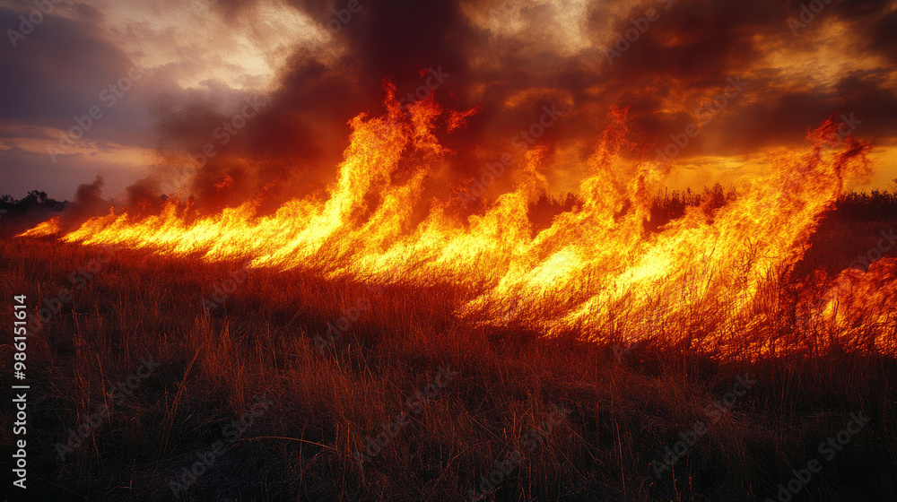 A wildfire sweeping through a dry grassland, with flames spreading ...