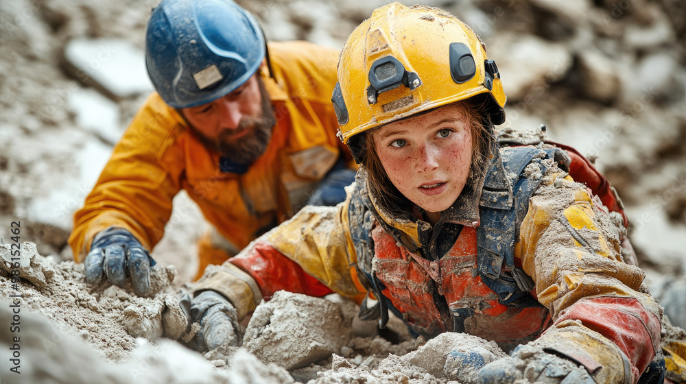 A close-up of a rescue worker helping a survivor through the rubble of ...