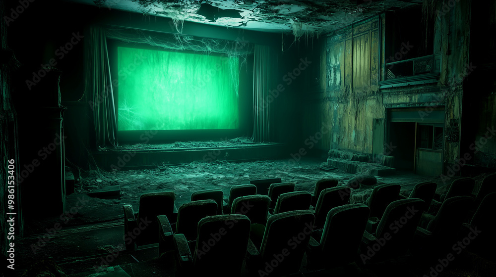 Dilapidated movie theater, torn screen with spectral projection, cobweb ...