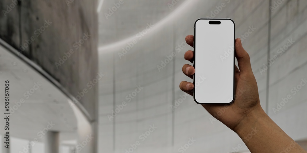 Asian male using smartphone with a blank white screen. Modern ...
