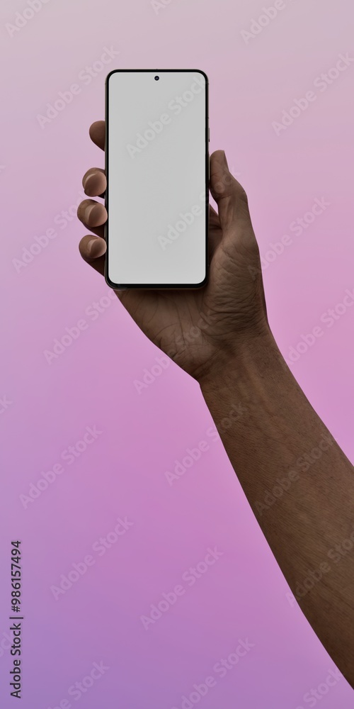 Asian male using smartphone with a blank white screen. Gradient, pink ...