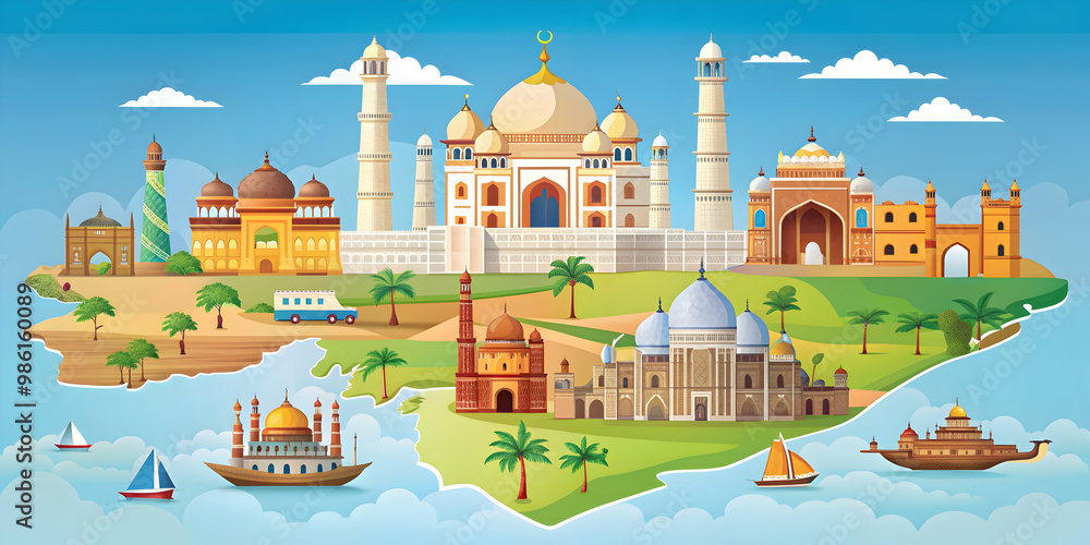 Illustrated map showcasing India's iconic landmarks , India, famous ...