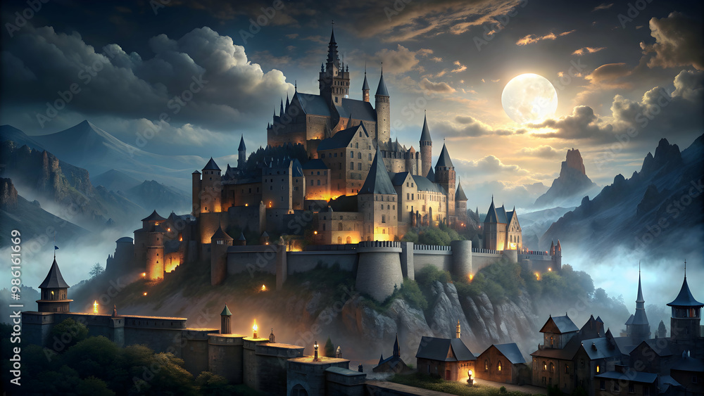 Gothic fortress looming over a deserted town at night in a medieval ...