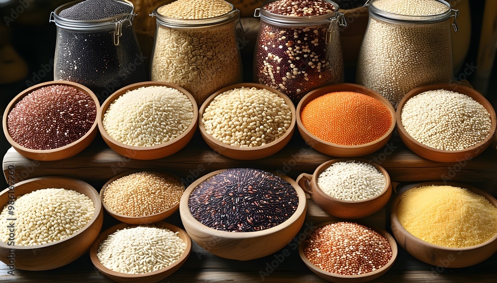 Vibrant farmers market stall showcasing an array of whole grains ...