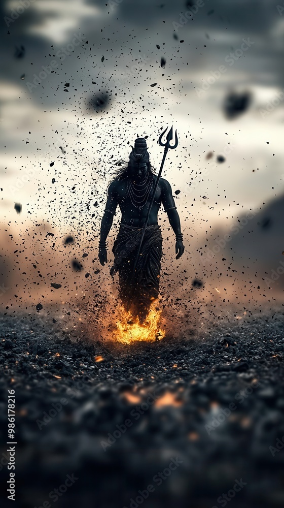 Shiva in a desert of ashes, holding his trident, symbolizing the end of ...