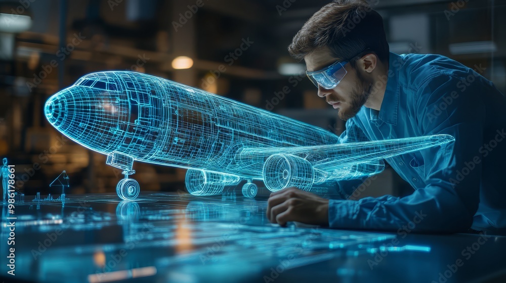 Aerospace engineer visualizes a holographic airplane design in a modern ...