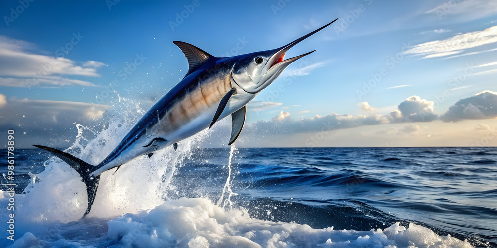 Black marlin leaping out of the sea in a thrilling display of power and agility, black marlin ...