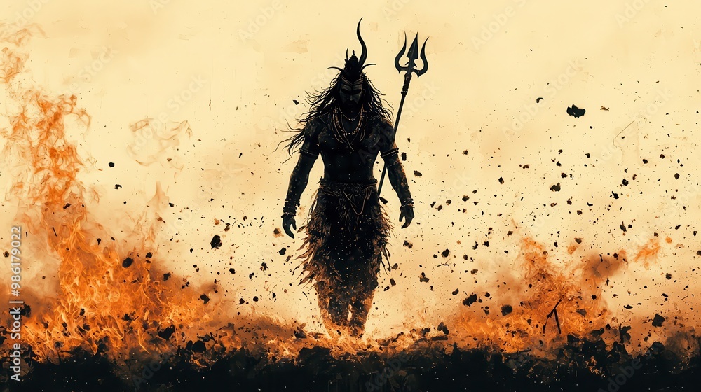 Shiva in his fierce Aghori form, walking through a battlefield, flames ...