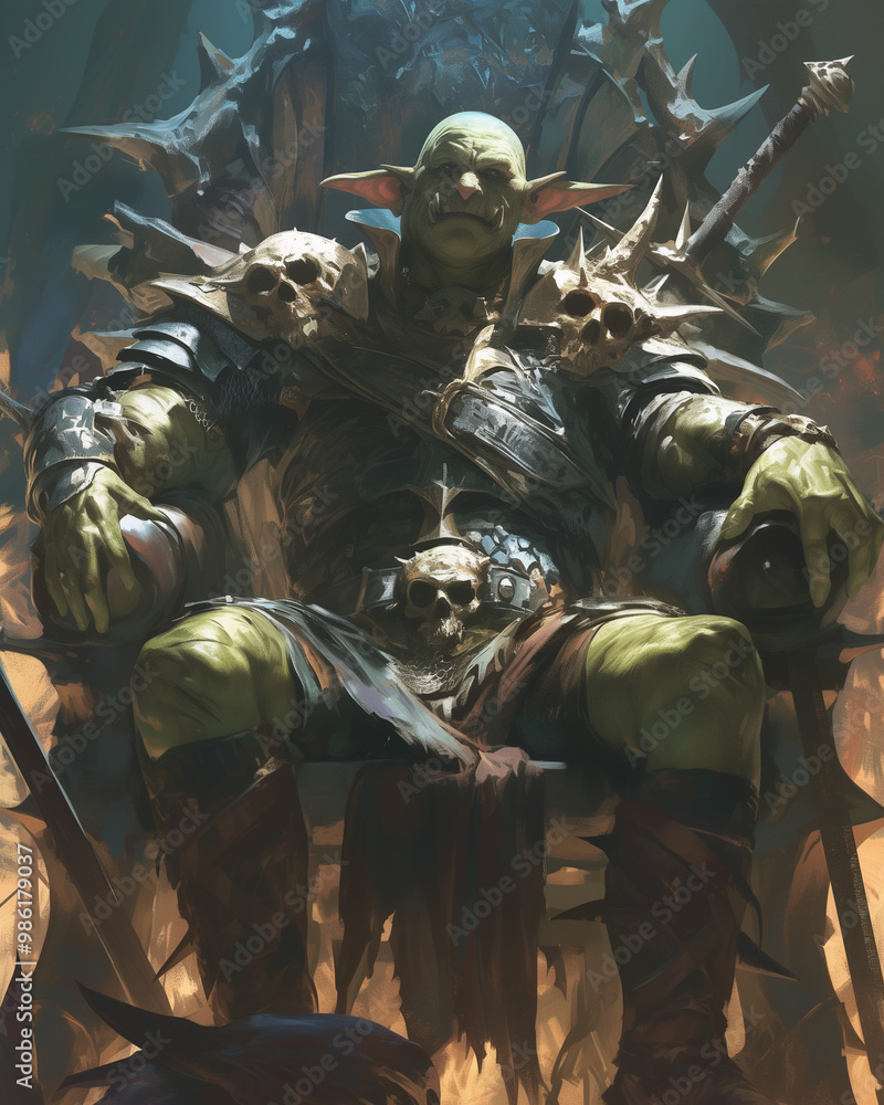 goblin chieftain seated on a throne of bones, surrounded by skulls and ...