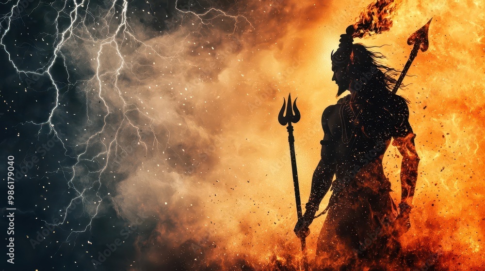 Shiva in his Rudra form, standing amidst a storm of fire and lightning ...