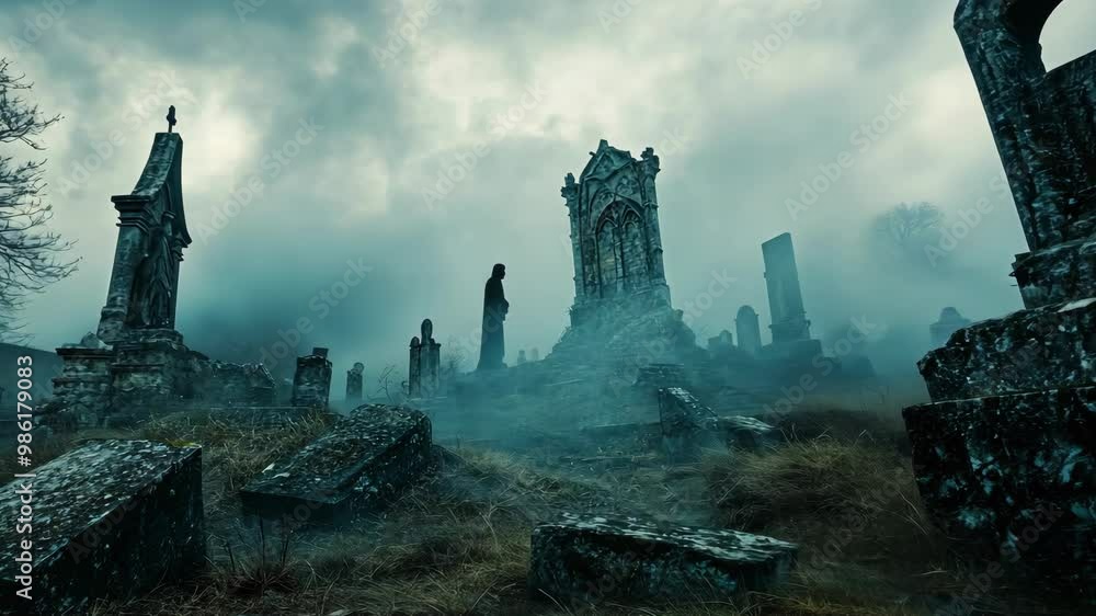 Misty graveyard exploration at dusk reveals ancient tombstones and ...