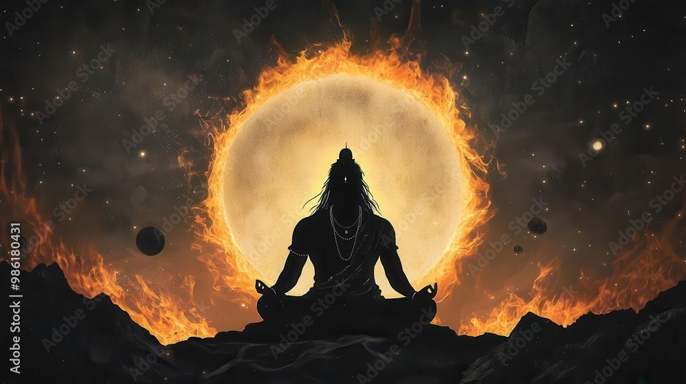 Shiva seated on a lotus in the middle of a cosmic fire, as stars and ...