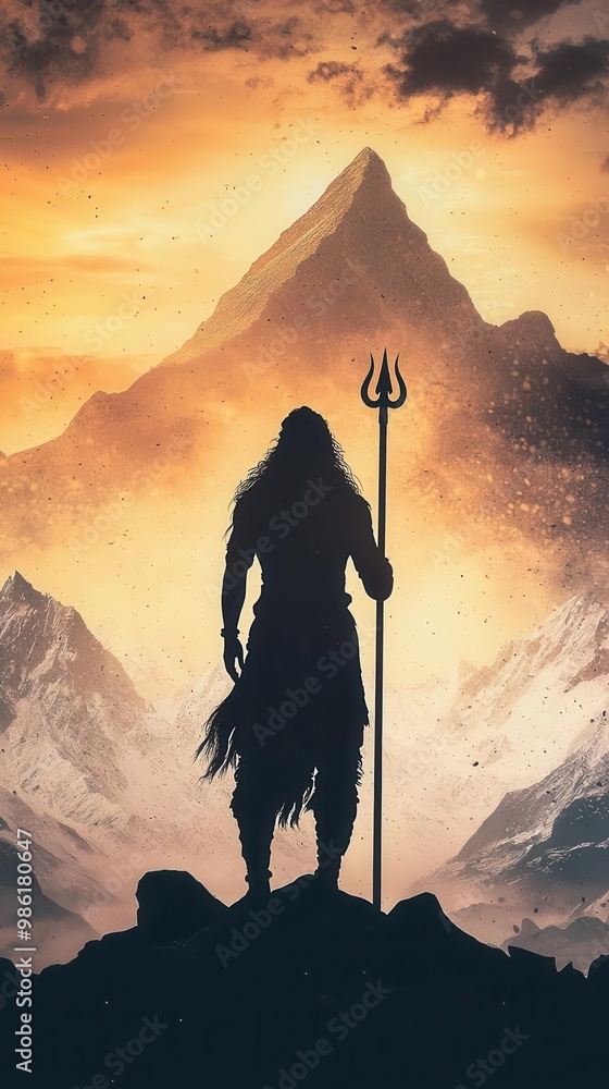 Shiva standing in a desolate landscape, holding his trident aloft as ...