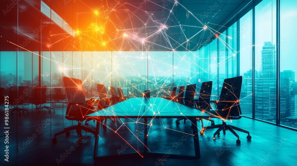 Corporate boardroom filled with dynamic glowing digital network visuals ...