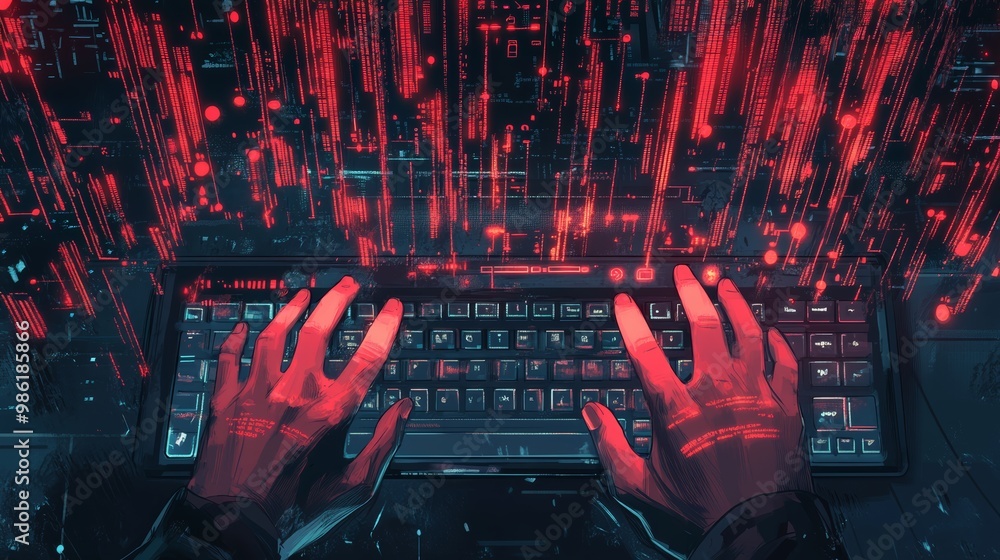Hands typing on a keyboard with glowing red data streams representing rapid code writing. Evokes ...