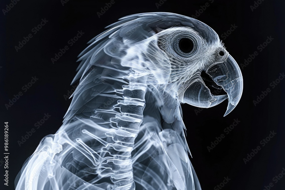 Detailed X-ray image of parrot head on black background. Image of bones ...