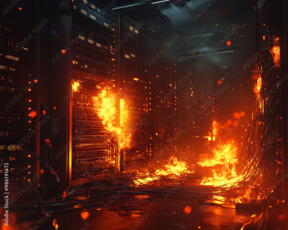 Flames engulf server room, with glowing wires melting amidst chaos ...