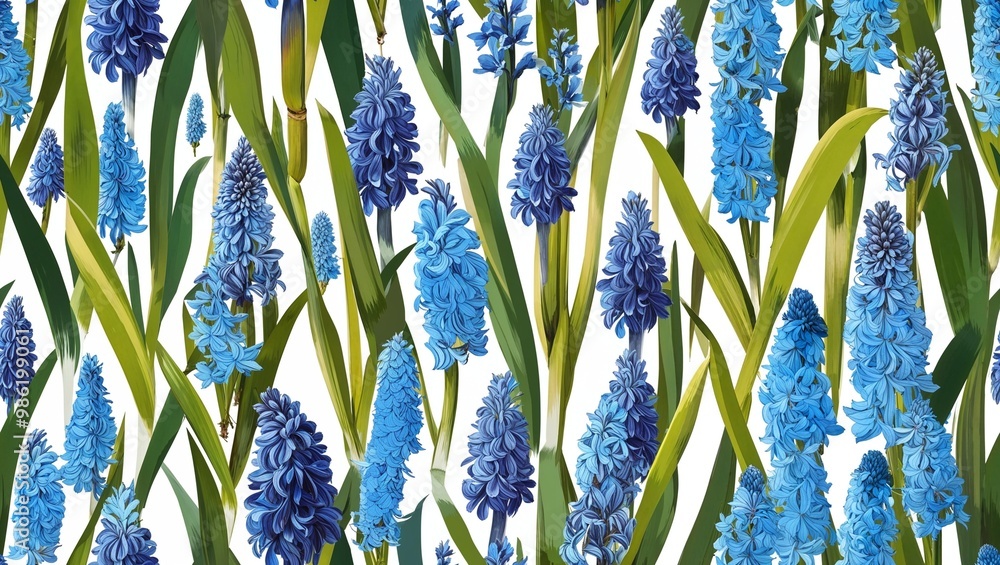 Sky blue hyacinths brushstroke flow seamless plain white background ...