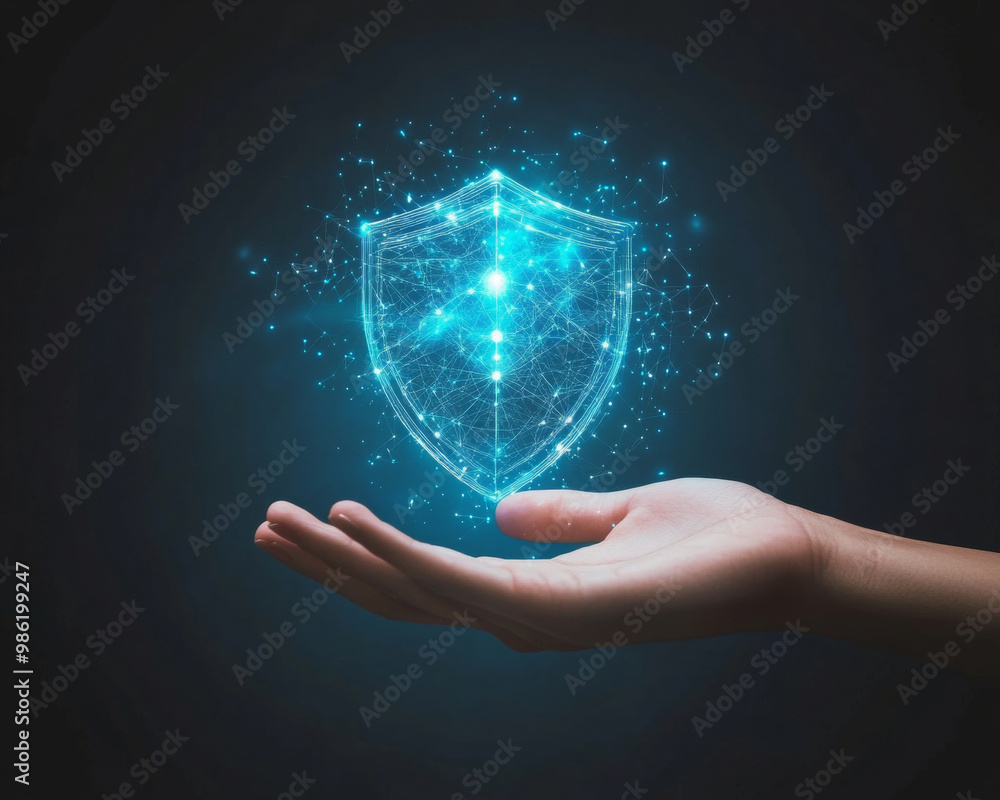 A hand is holding glowing virtual shield, symbolizing digital ...