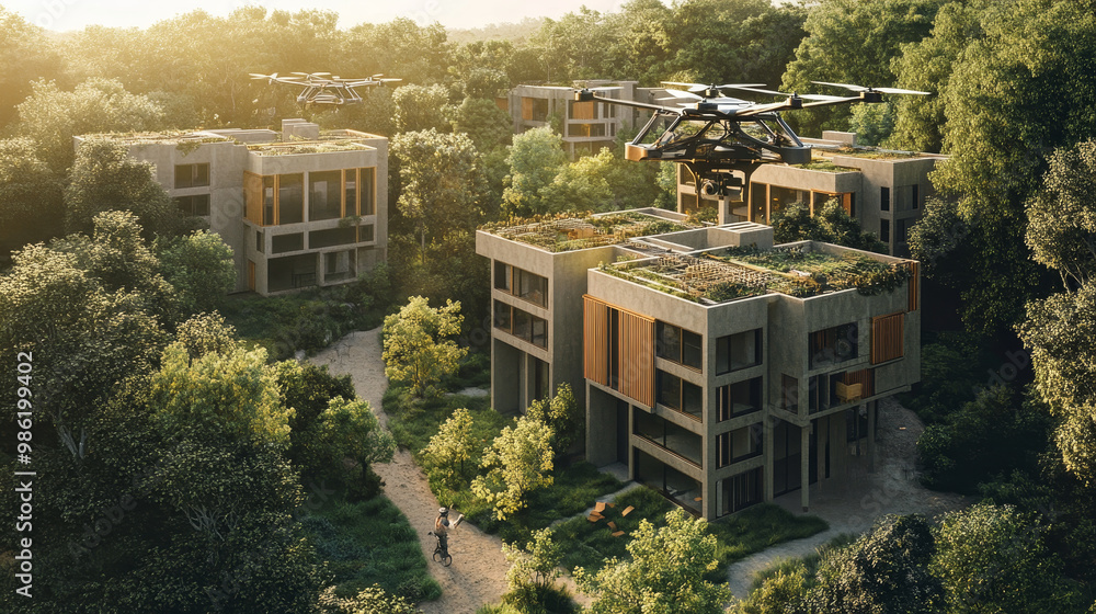 High tech construction site featuring drones assisting in building ...
