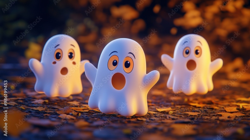 Three cute cartoon ghosts with big eyes and open mouths standing in a ...
