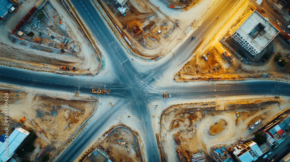 Aerial view of busy highway intersection showcasing multiple lanes and ...