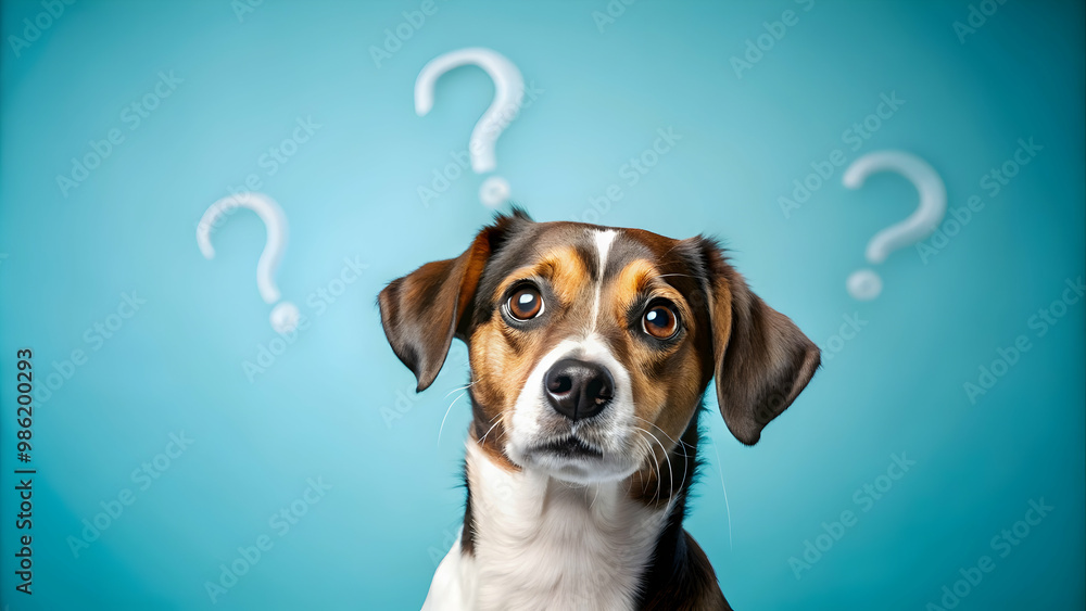 Curious dog with question marks around it on a light blue background ...