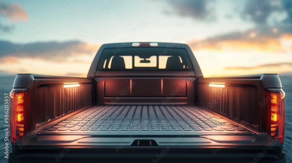 Back view of a pickup truck bed with a black bed liner and taillights ...