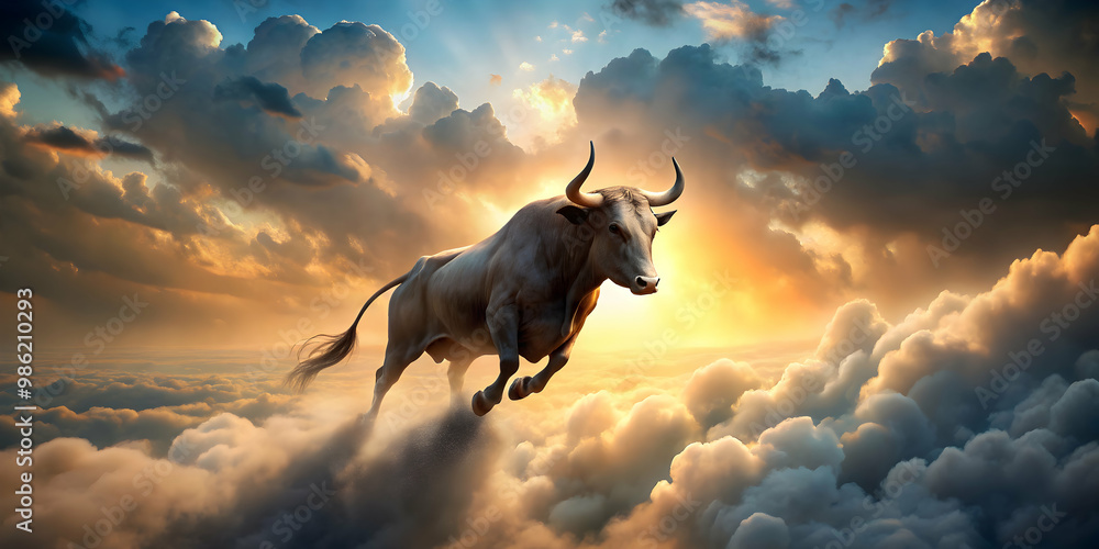 Magical bull soaring into the sky, bull, magical, flying, sky, clouds ...
