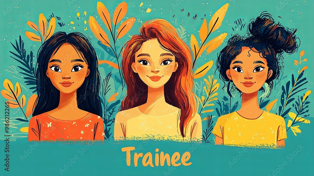 Three stylized women, each with distinct appearance, are depicted ...