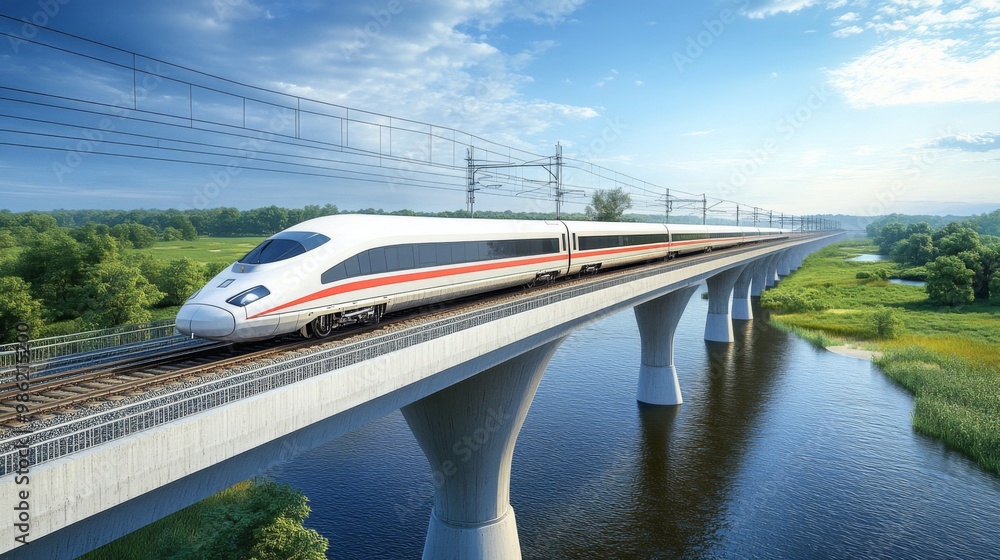 A high-speed train crossing a modern bridge with a scenic river below ...