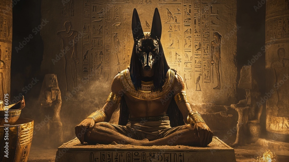 Anubis, the jackal-headed god of the dead, sits in a dimly lit tomb ...
