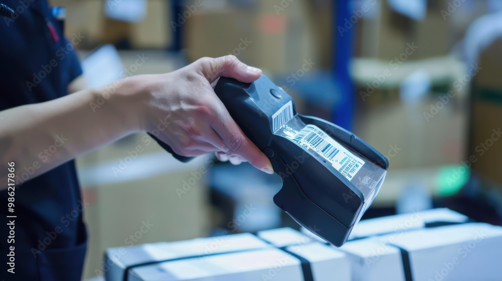 Scanning barcodes in warehouse setting, worker uses handheld scanner to ...