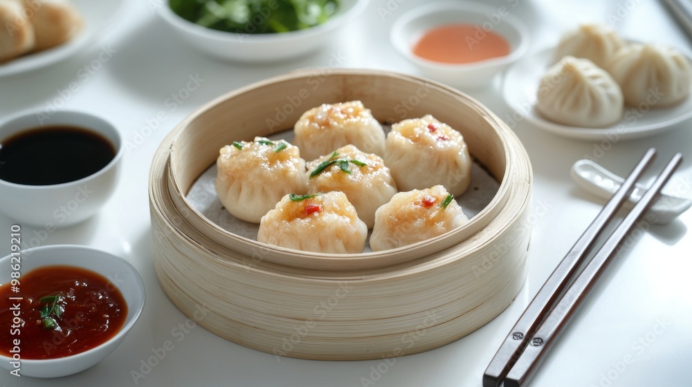 A modern dining setup with a steaming basket of siu mai and bao buns ...