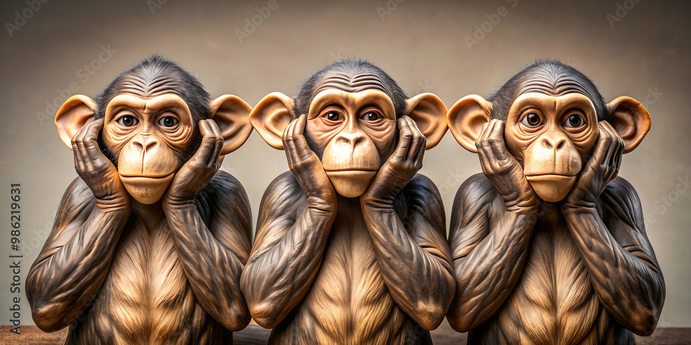 Three monkeys in the iconic see no evil, hear no evil, speak no evil ...