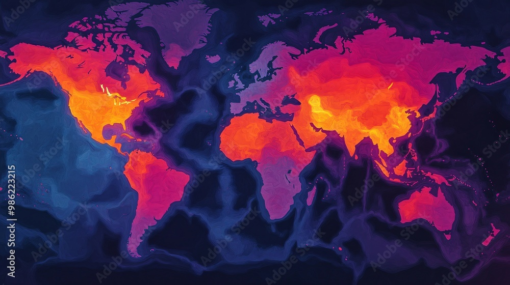 Digital map of the world with hot zones representing climate change ...