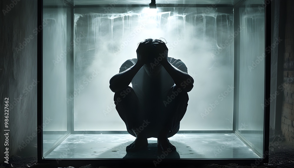 Isolation within a glass box, a figure shrouded in darkness, consumed ...