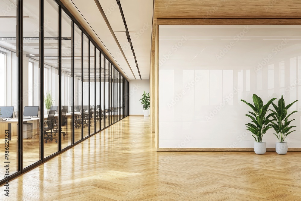 Modern spacious office aisle with co-working space and empty white wall ...